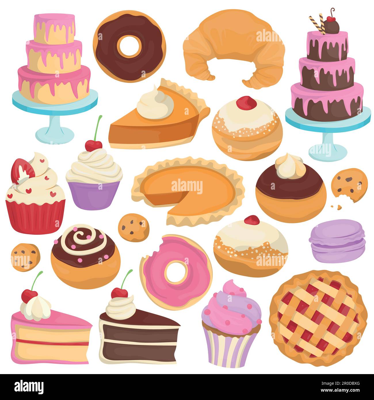 Collection of colorful cartoon illustrations of various desserts and treats. Isolated hand drawn ...