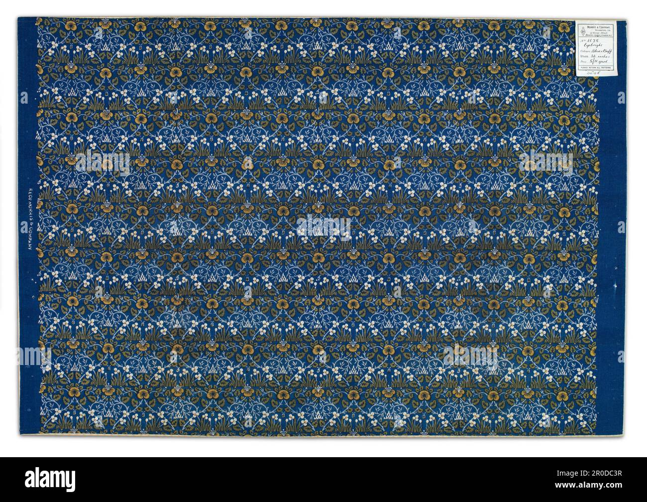 Cotton, block printed textile - 'Eyebright', green and yellow design ...