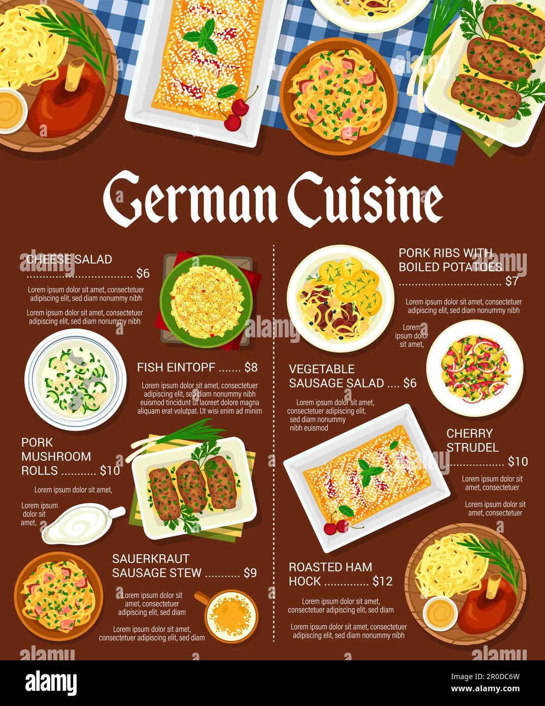 German cuisine restaurant menu. Pork ribs with boiled potatoes, cheese ...