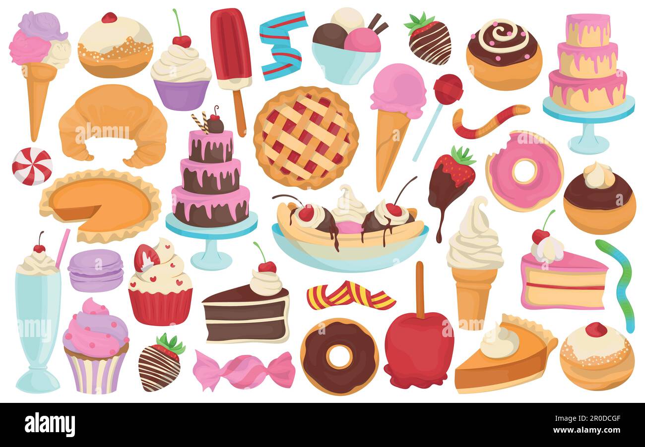 Collection of colorful cartoon illustrations of various desserts and treats. Isolated hand drawn ...