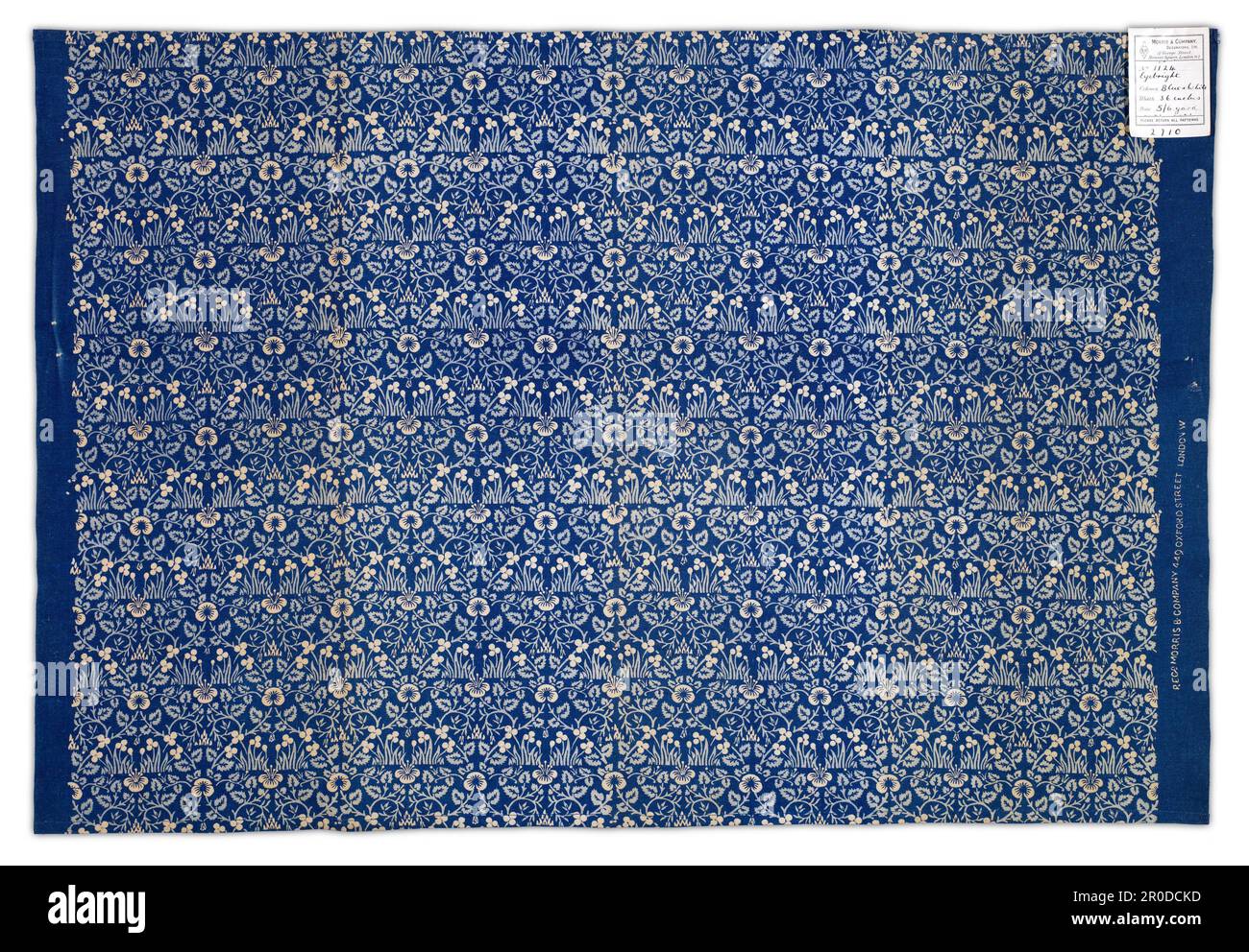 Cotton, block printed textile - 'Eyebright', green and yellow design ...