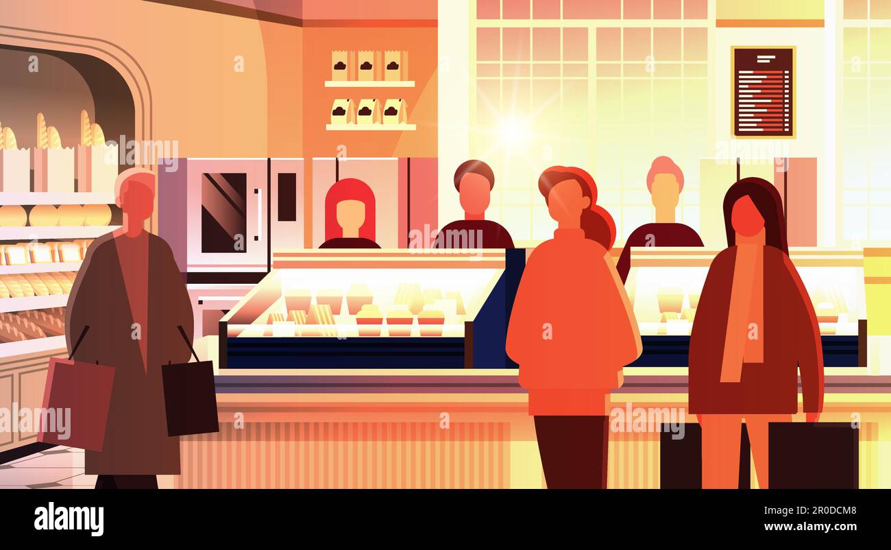 mix race people group standing in modern bakery with fresh pastries ...