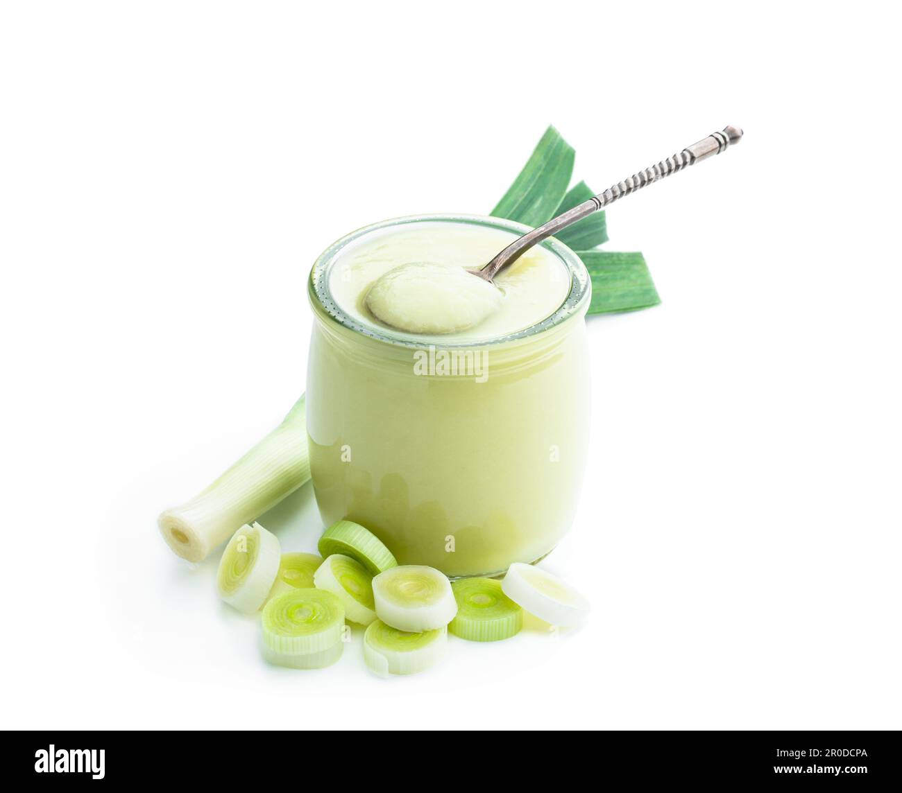 Vegetable leek puree in a glass jar isolated on white Stock Photo - Alamy