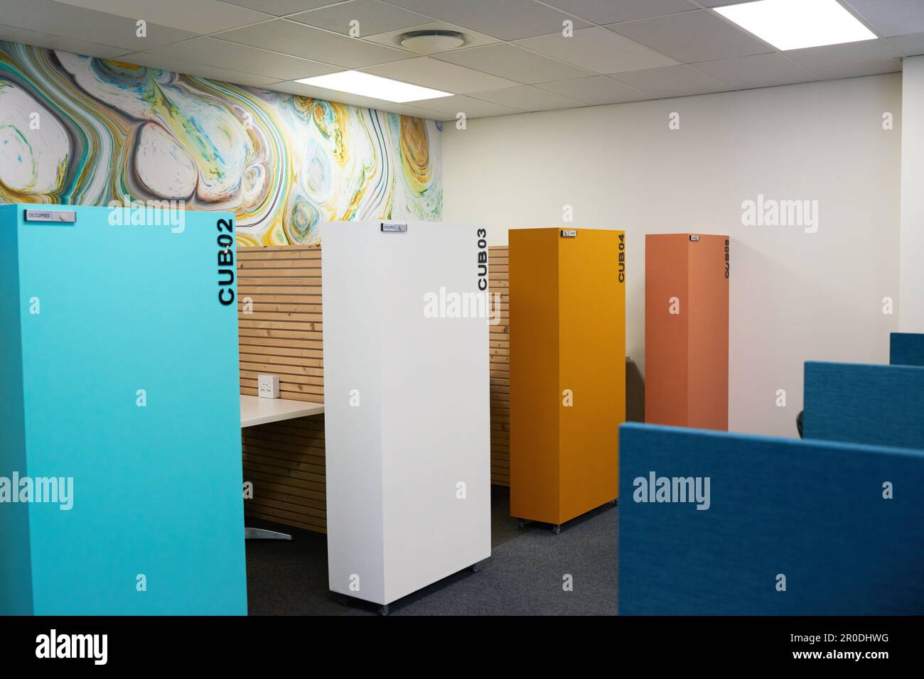 Empty modern office space with row of private cubicles and offices ...