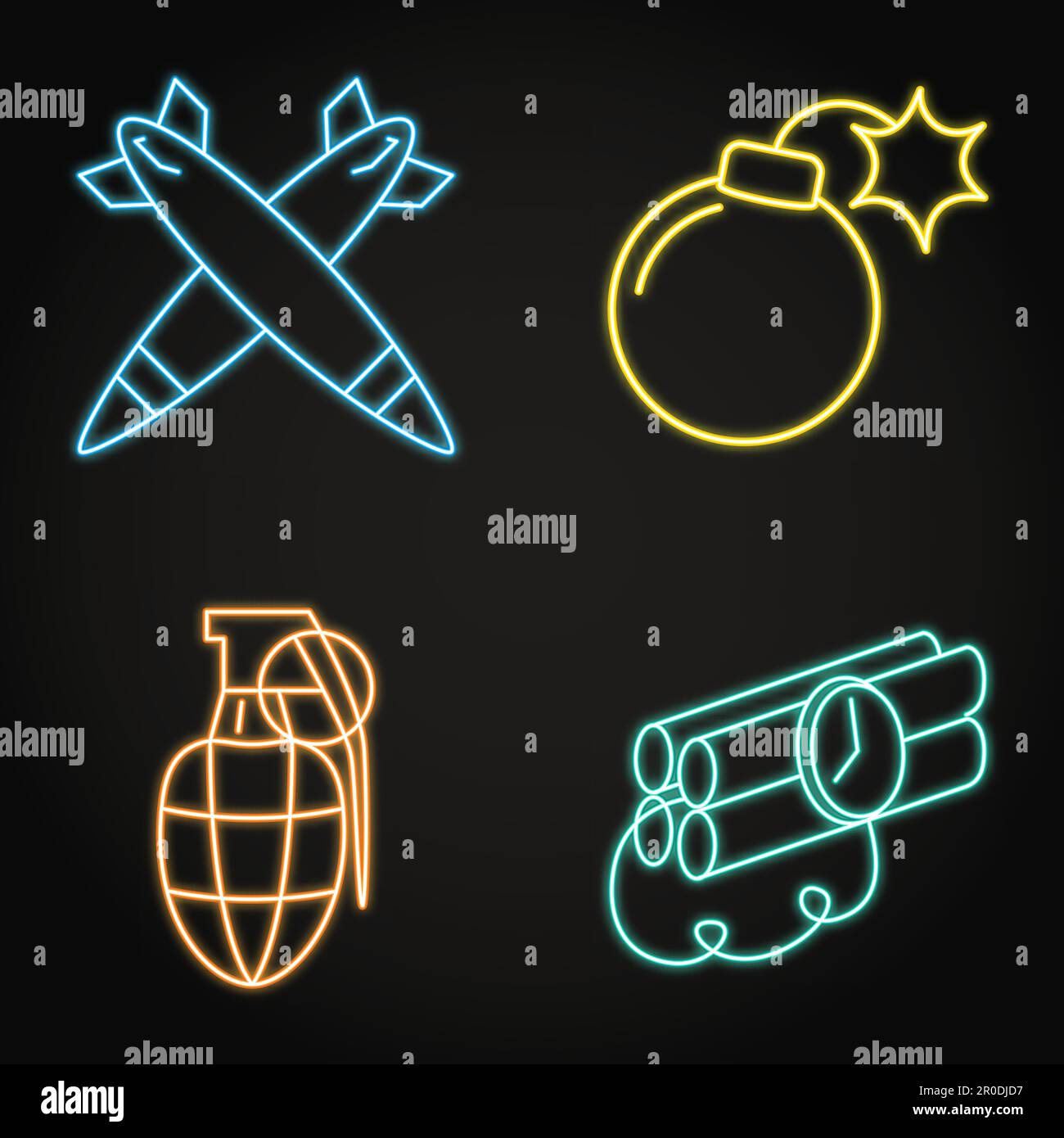 Military bomb types neon icon set in line style. Explosive weapon ...