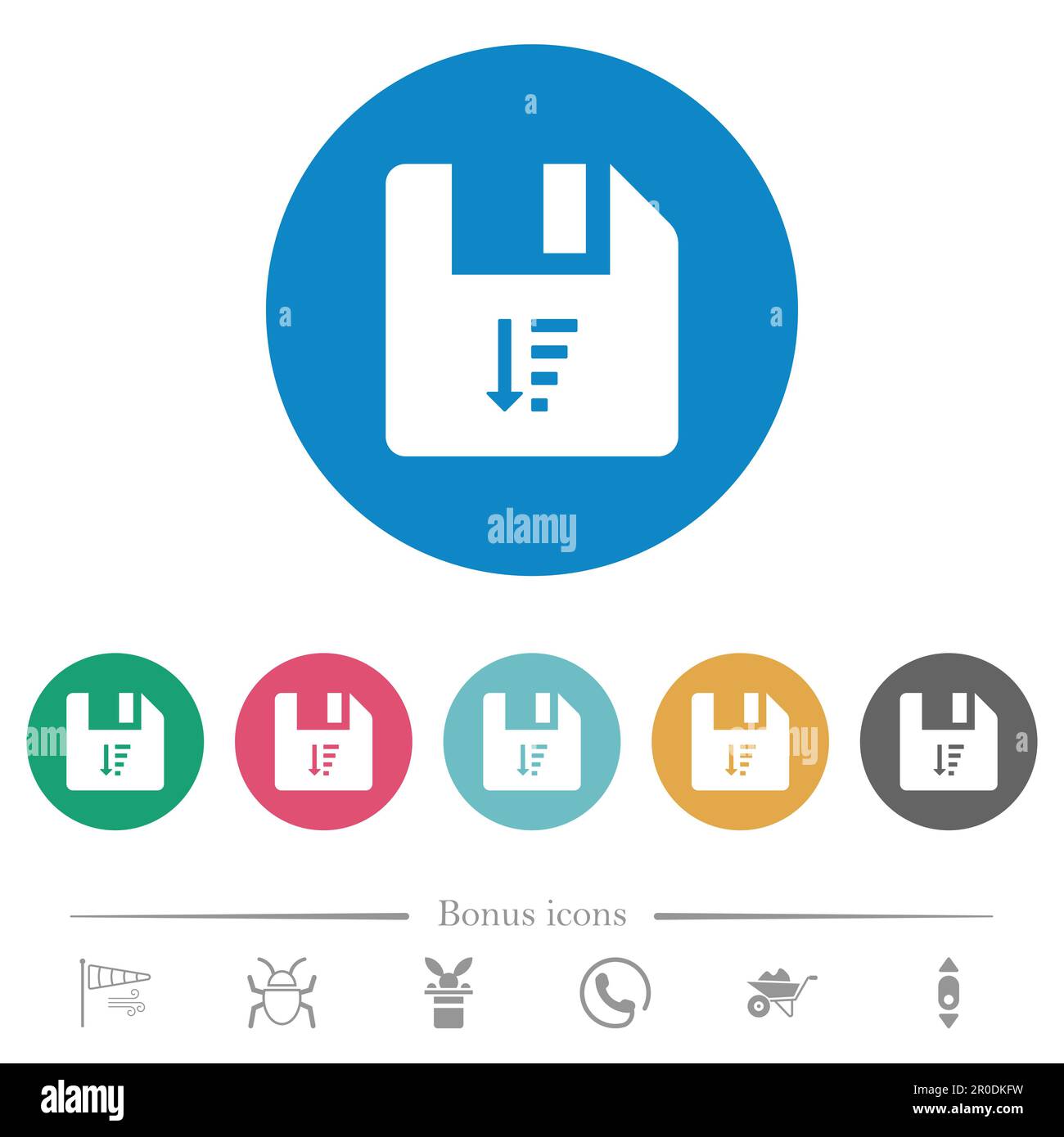 Descending file sort flat white icons on round color backgrounds. 6 ...