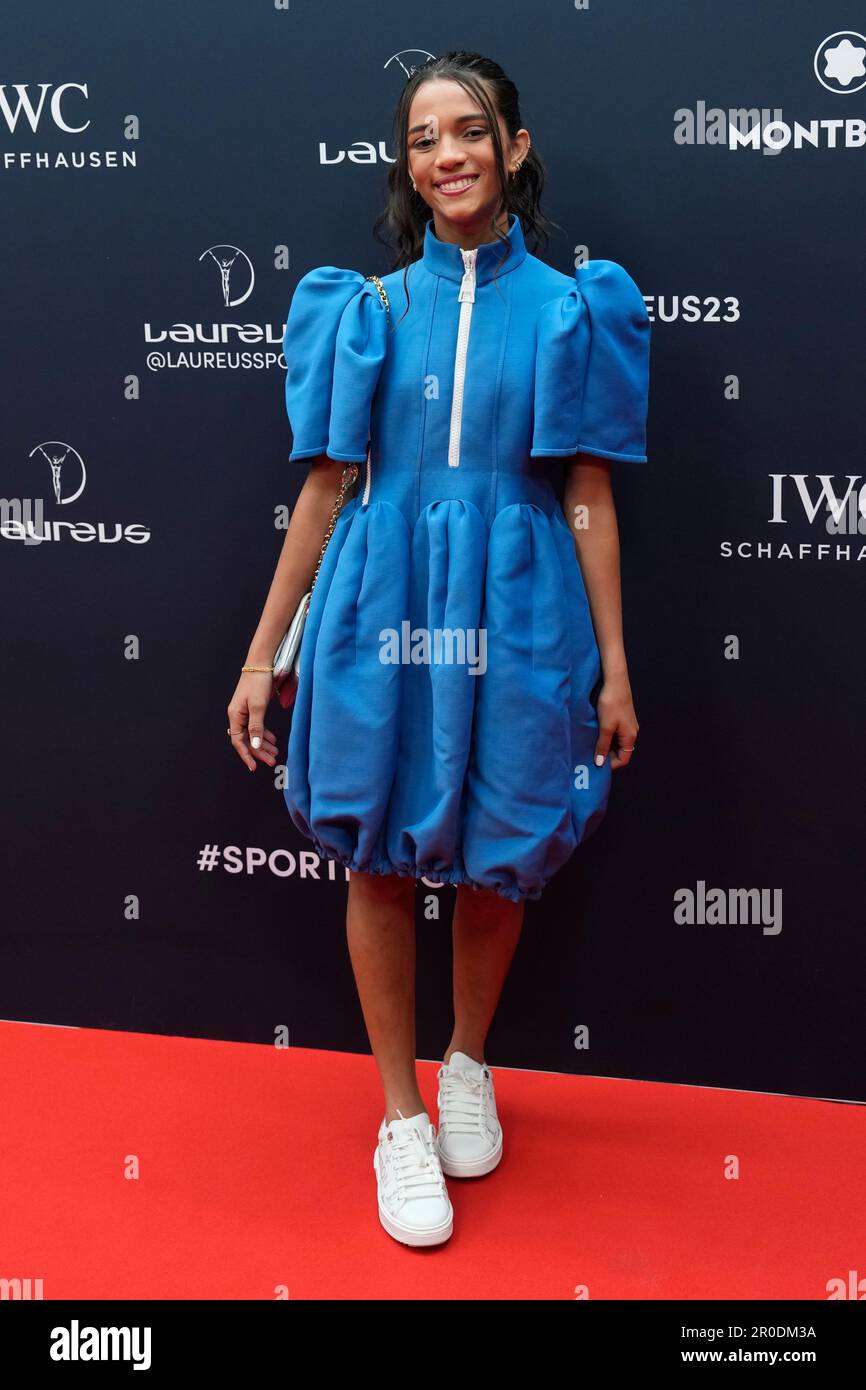 Skateboard champion Rayssa Leal, of Brazil, poses as she arrives at the ...