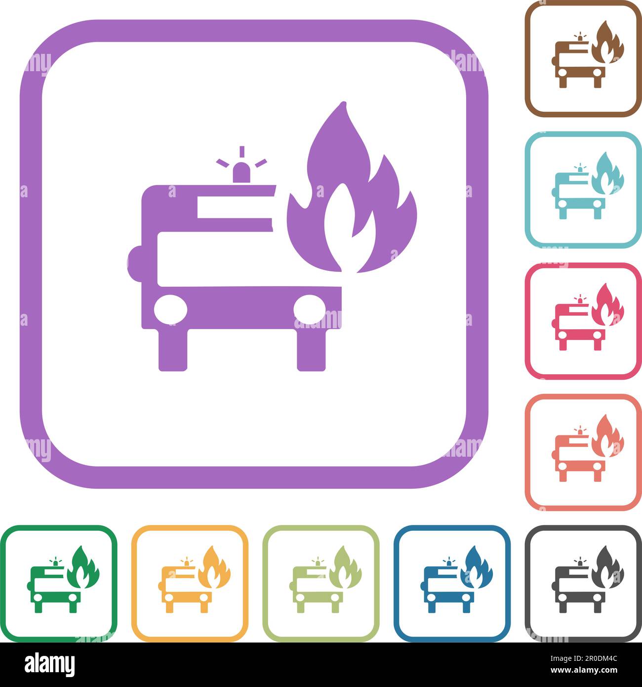 Fire engine with flame simple icons in color rounded square frames on ...