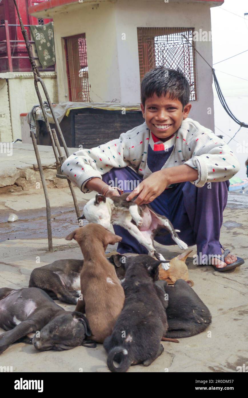 Varanasi, India - December 10, 2009: boy is selling young dogs in ...