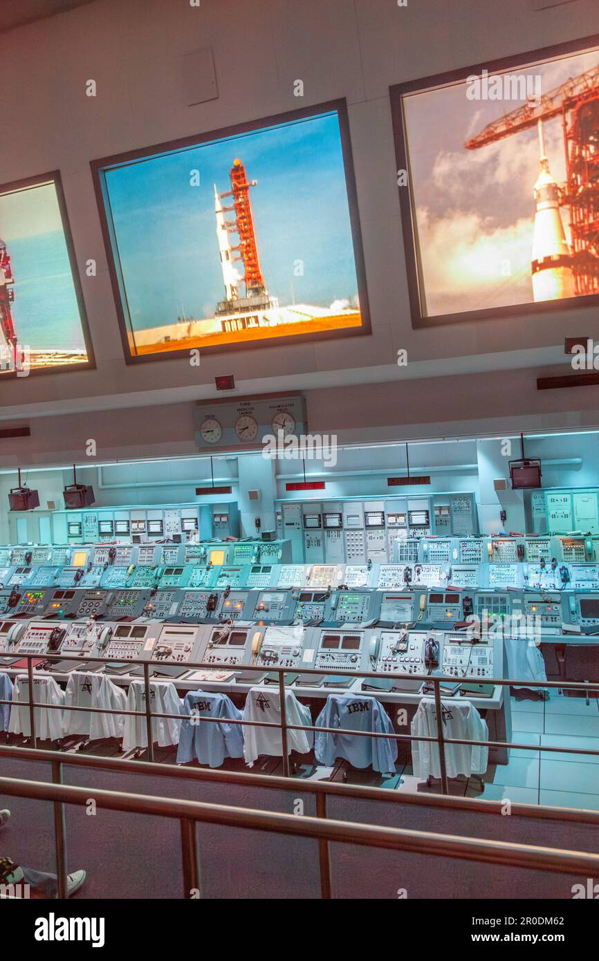 Orlando, USA - July 25, 2010: Apollo 1960s mission control equipment on ...