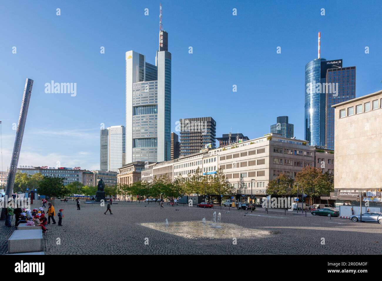 view to modern skyscraper called Commerzbank tower in Frankfurt, with ...