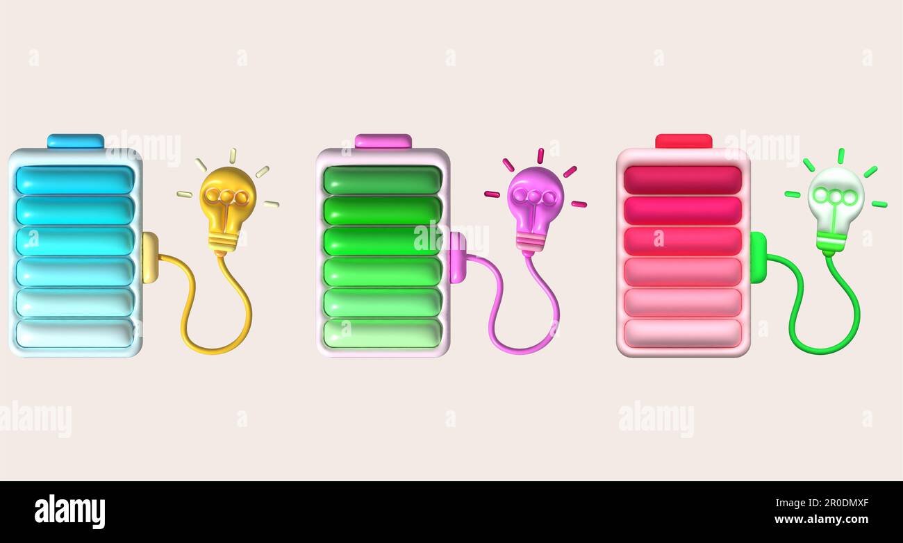 3D illustration. Battery icon with charge level indicator and glowing ...