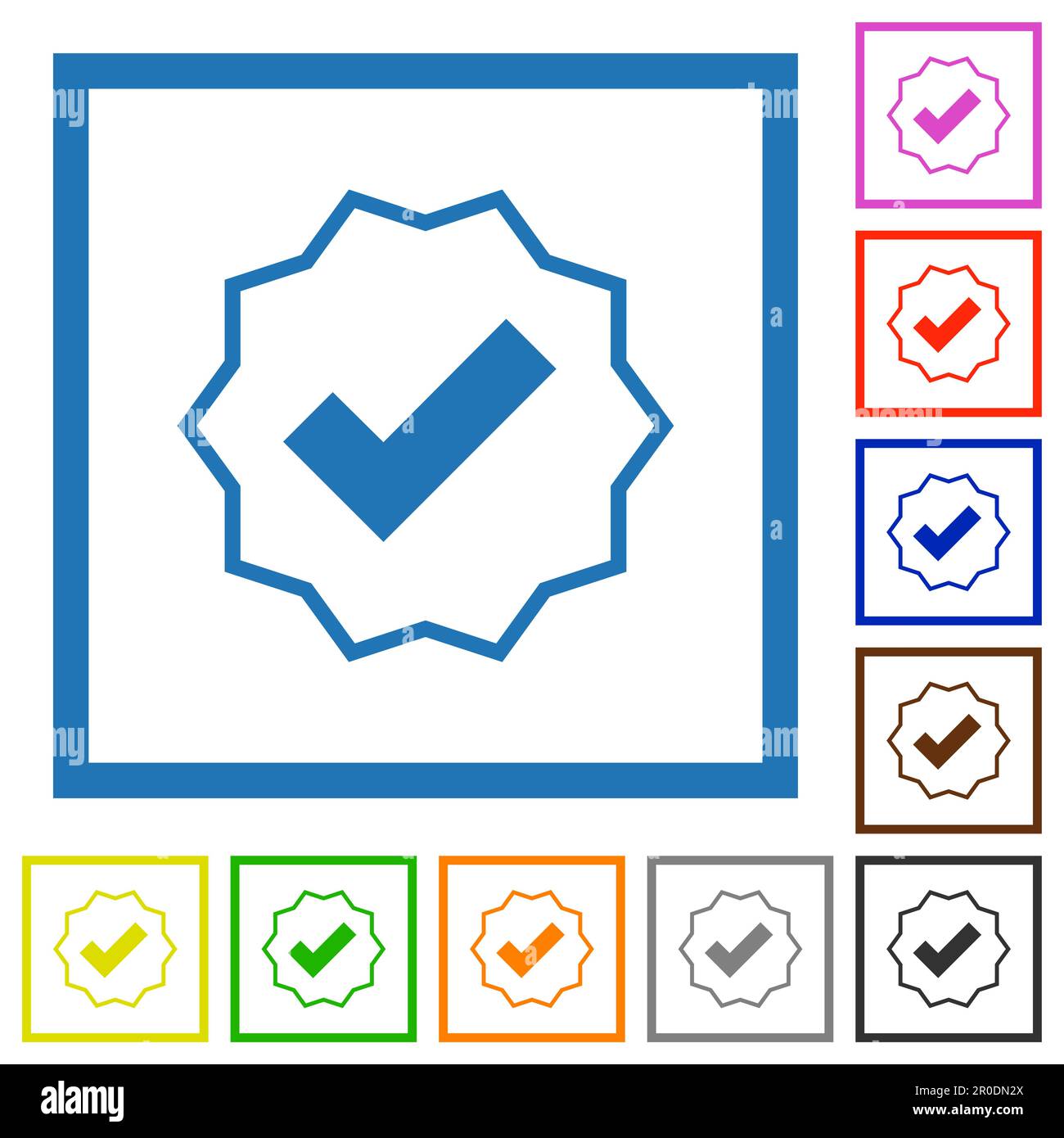 Verified sticker outline flat color icons in square frames on white ...