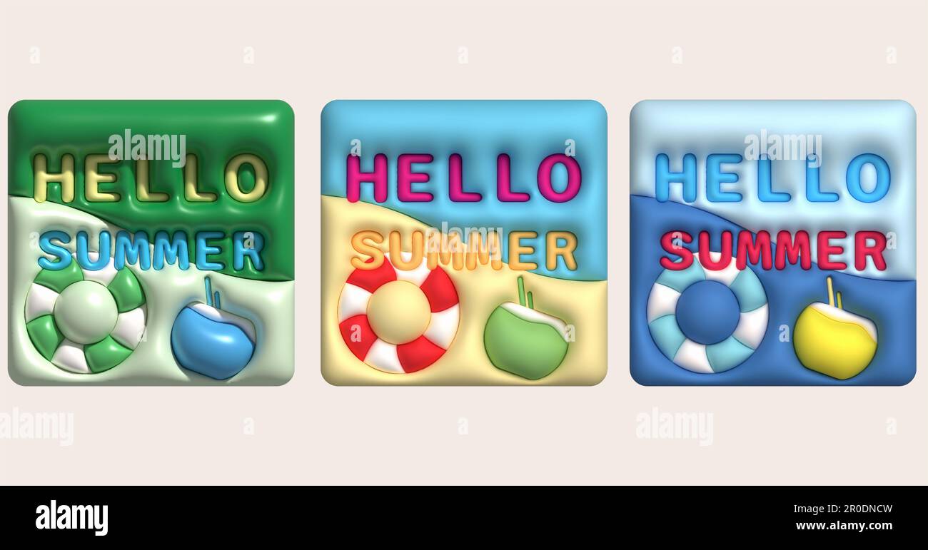 3d illustration, coconut icon, rubber ring, in summer, with text Hello ...