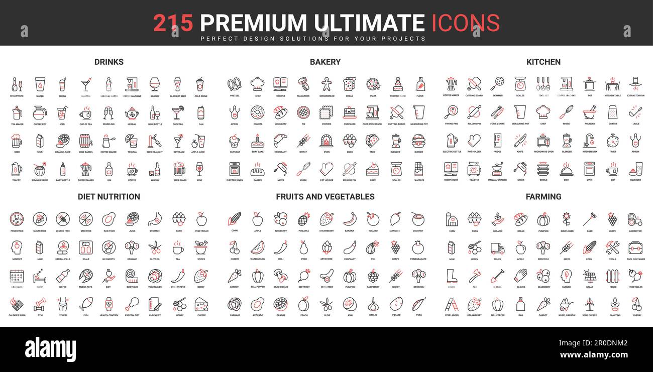 Diet food and nutrition, farming thin line red black icons set vector ...