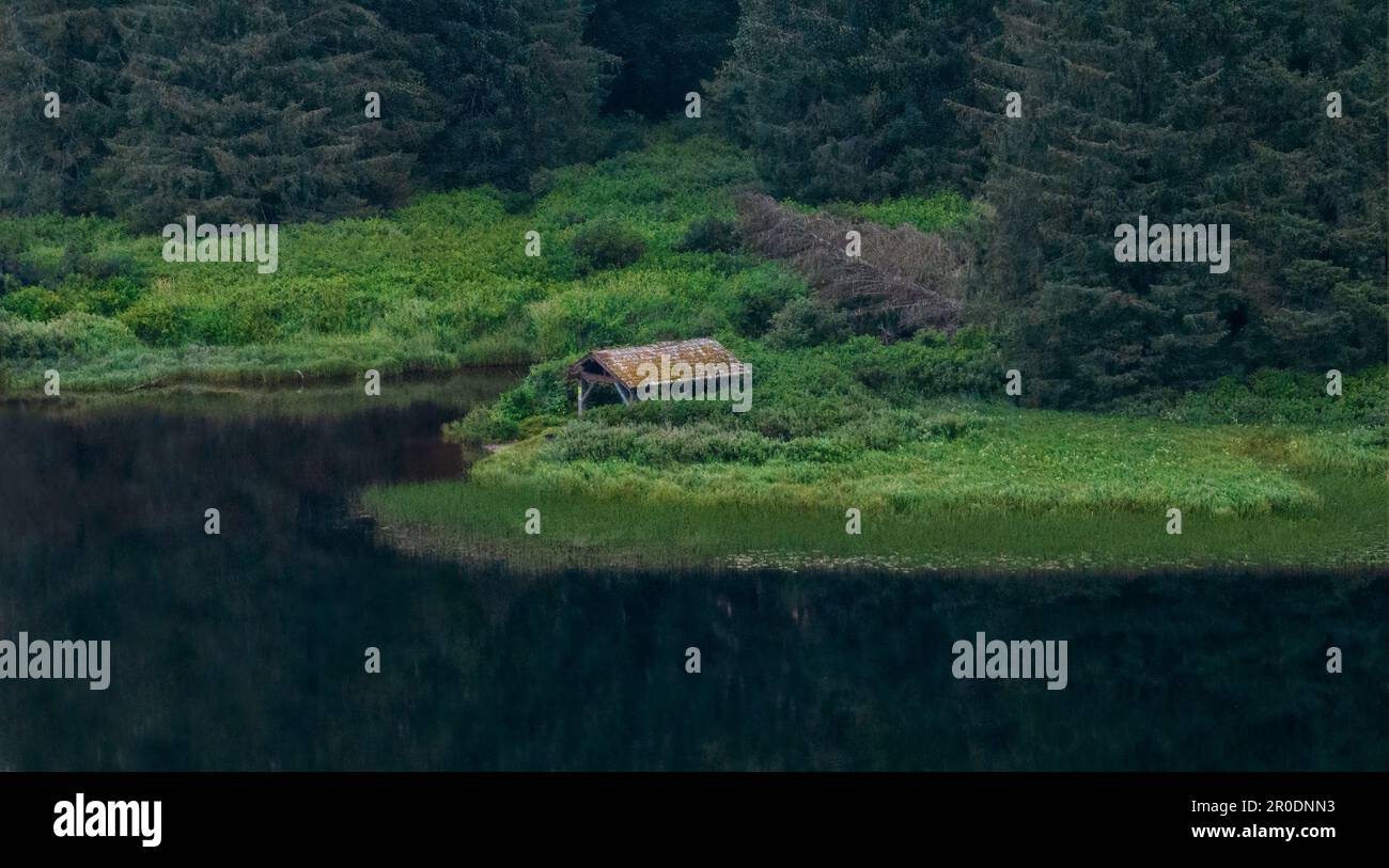 This idyllic image showcases a wooden house situated in a tranquil ...