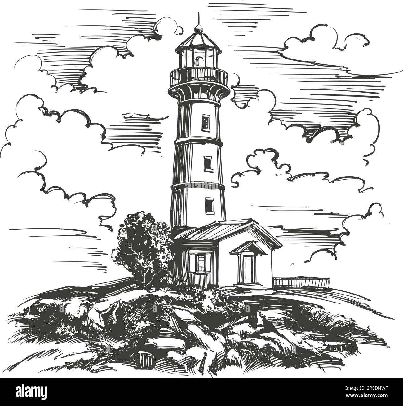 lighthouse and sea landscape hand drawn vector illustration realistic ...