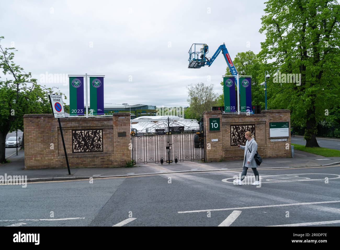 London UK. 8 May 2023. A banner outside the All England club honouring ...
