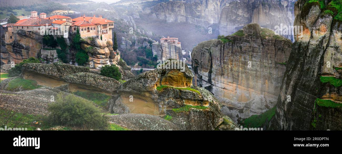Mysterious monasteries hanging over rocks of Meteora, Greece - most ...