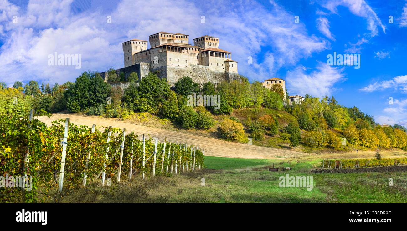 Scenic vineyards and medieval castles of Italy - impressive Torrechiara ...