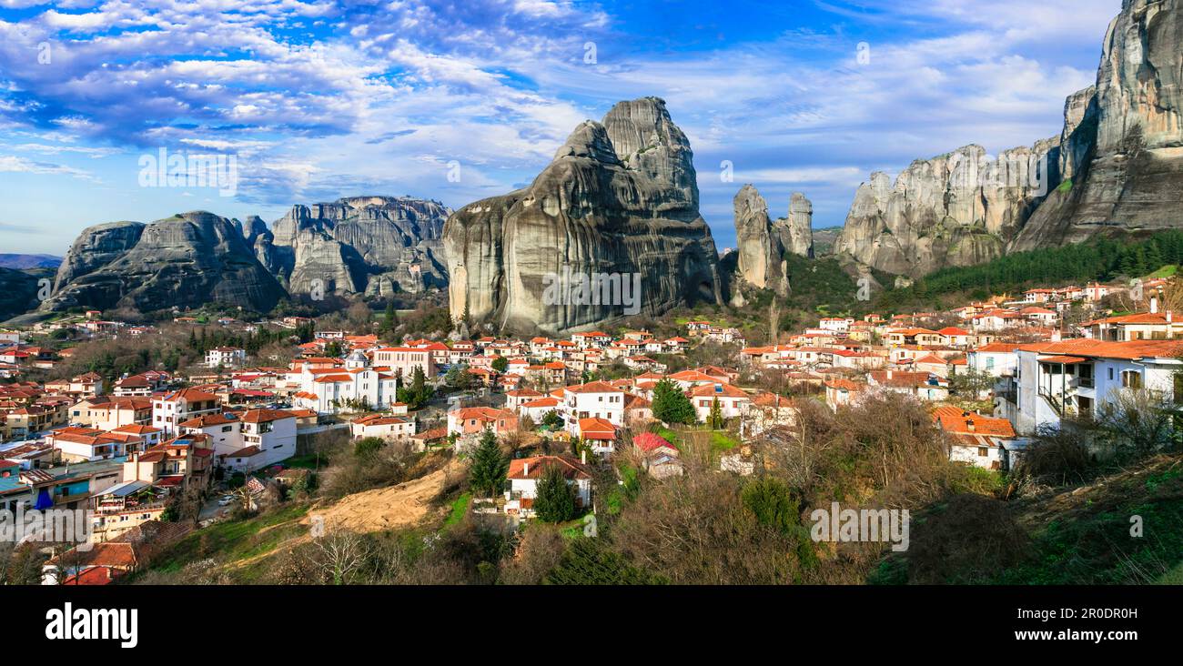 Landmarks of Greece - unique Meteora rocks. view of Kalambaka village ...