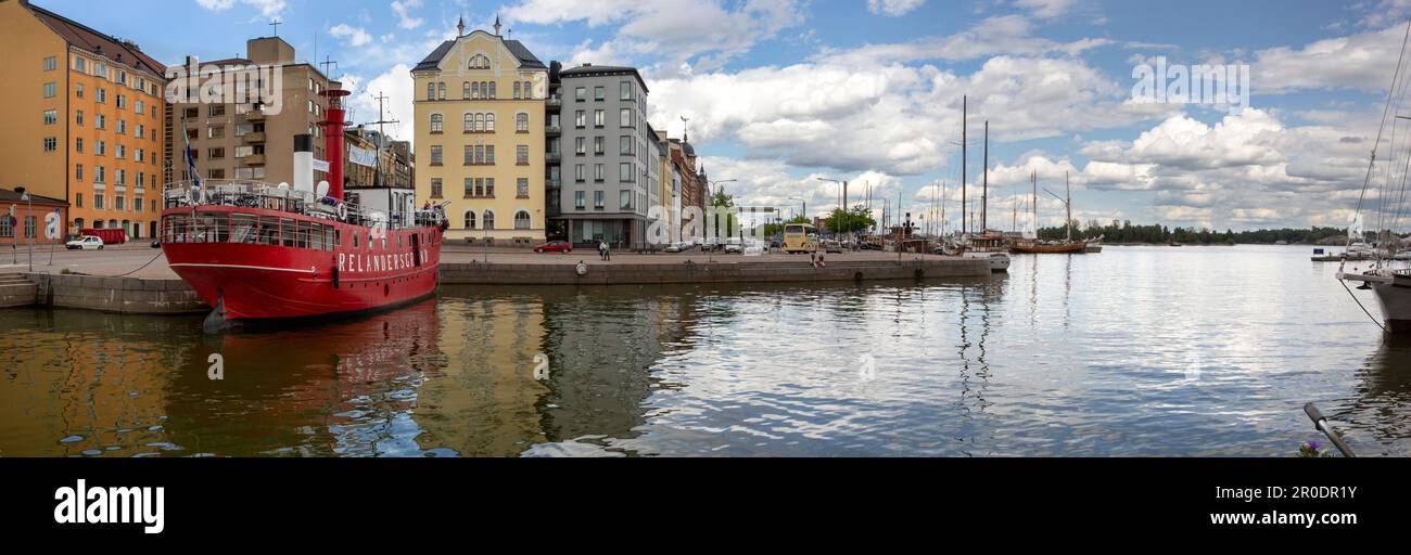 Panorama showing the red Finnish 1888 lighthouse ship the Majakkalaiva ...