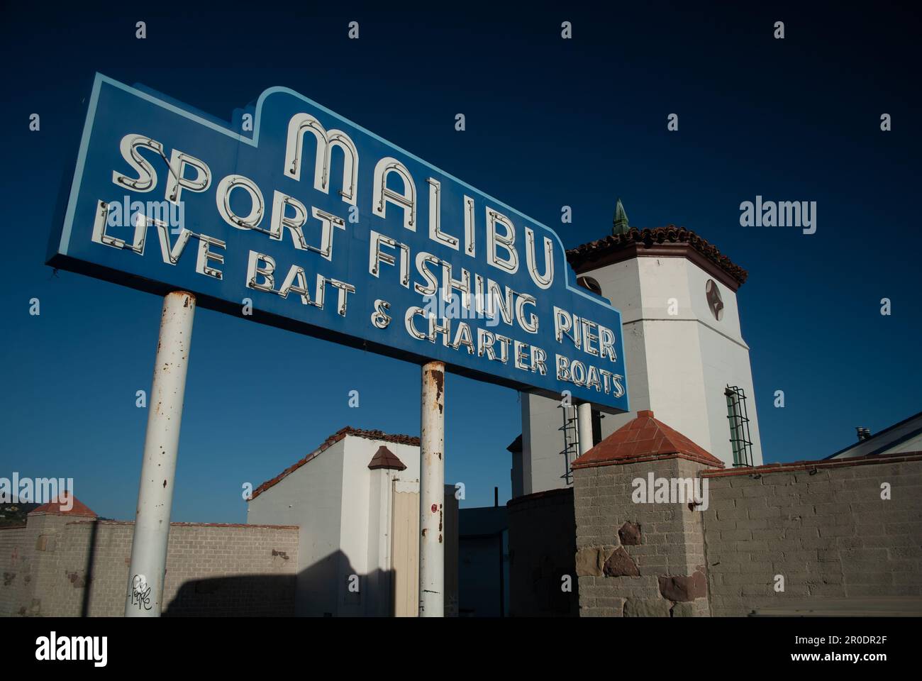Iconic sign marking the Malibu Pier, along the Pacific Coast Highway in ...