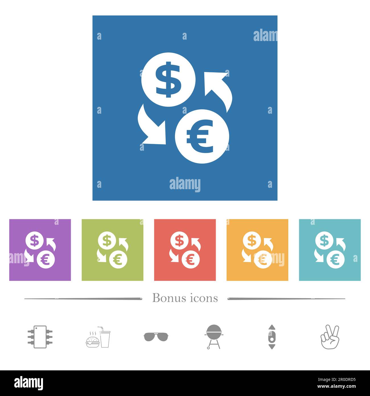 Dollar Euro money exchange flat white icons in square backgrounds. 6 ...