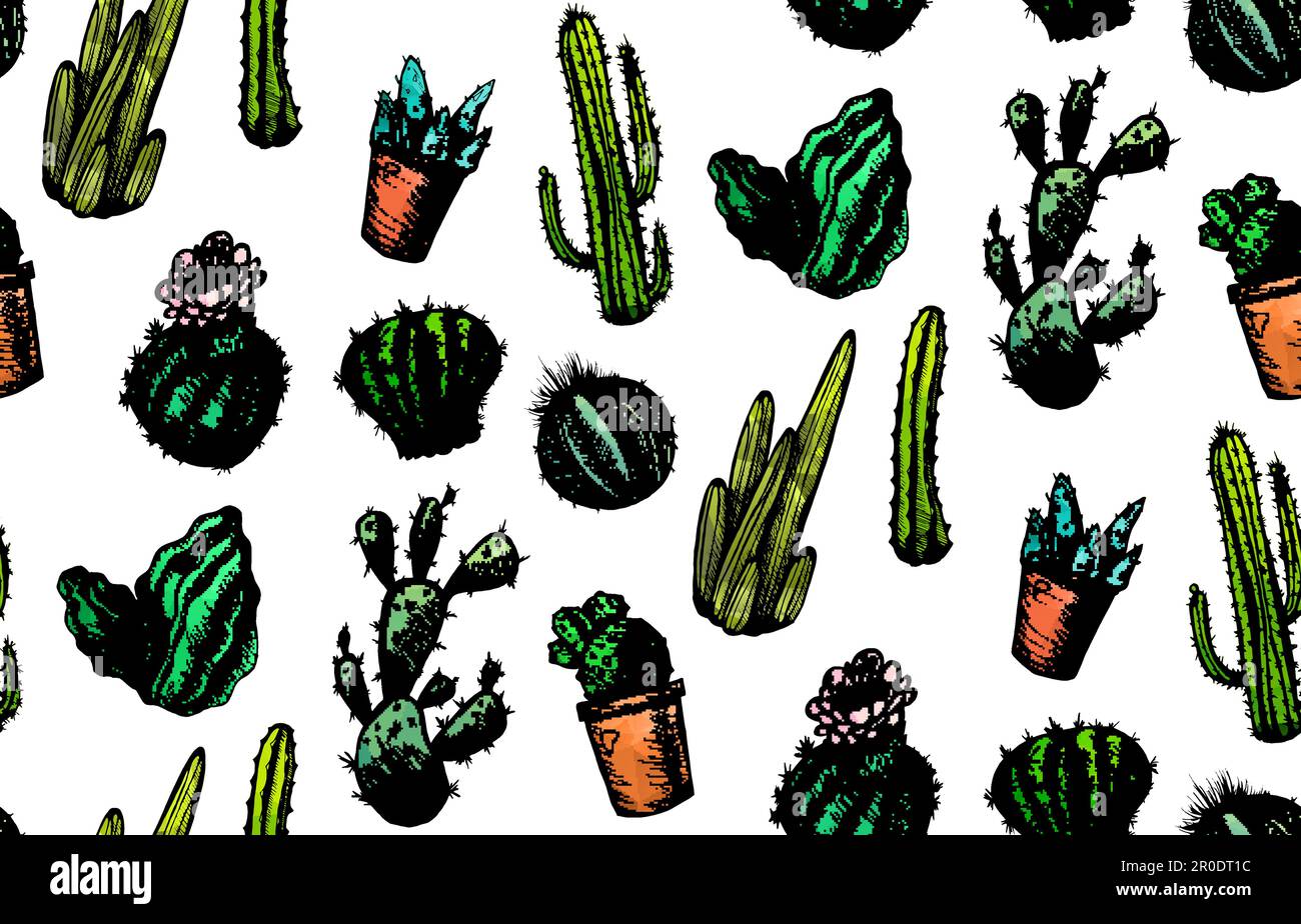 Hand Drawn Isolated Cactuses Seamless Pattern. Cactus Ornament in ...