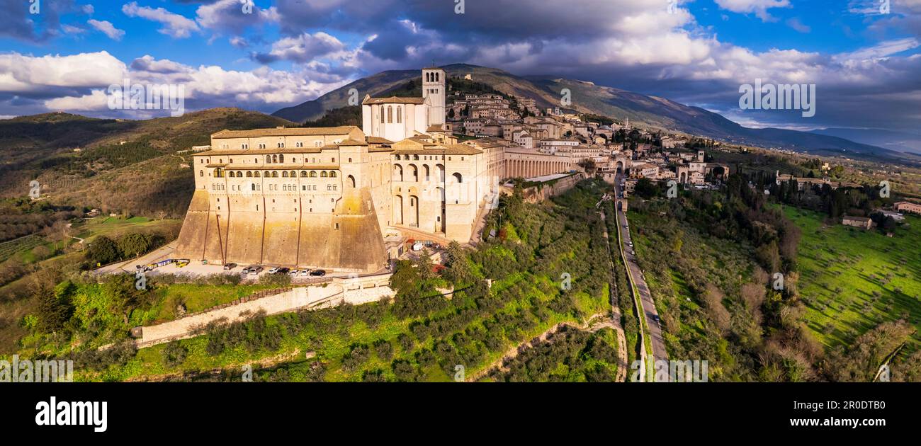 Impressive medieval Assisi town in Umbria. Italy. aerial drone ...