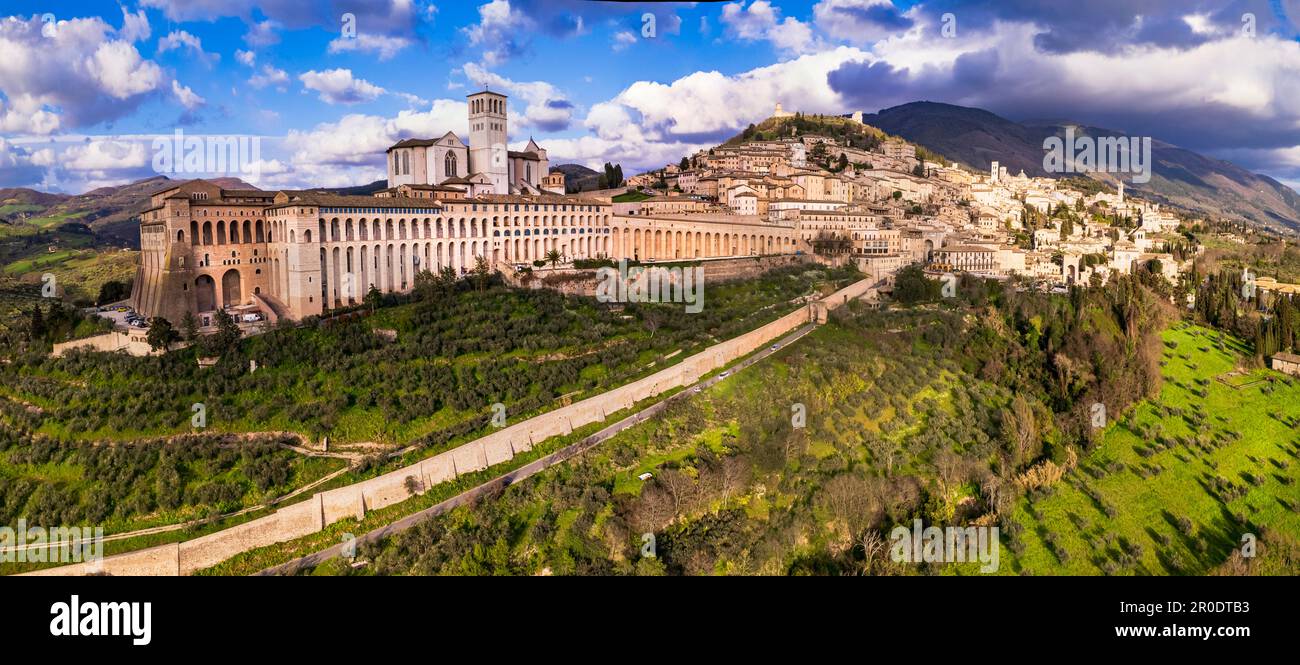Impressive medieval Assisi town in Umbria over sunset. Italy. aerial ...