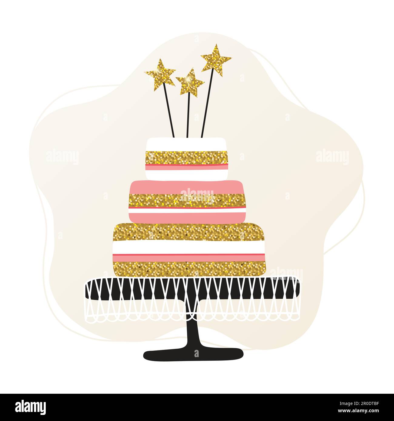 Three-story Birthday Cake with Shining stars sticks. Cute Vector ...