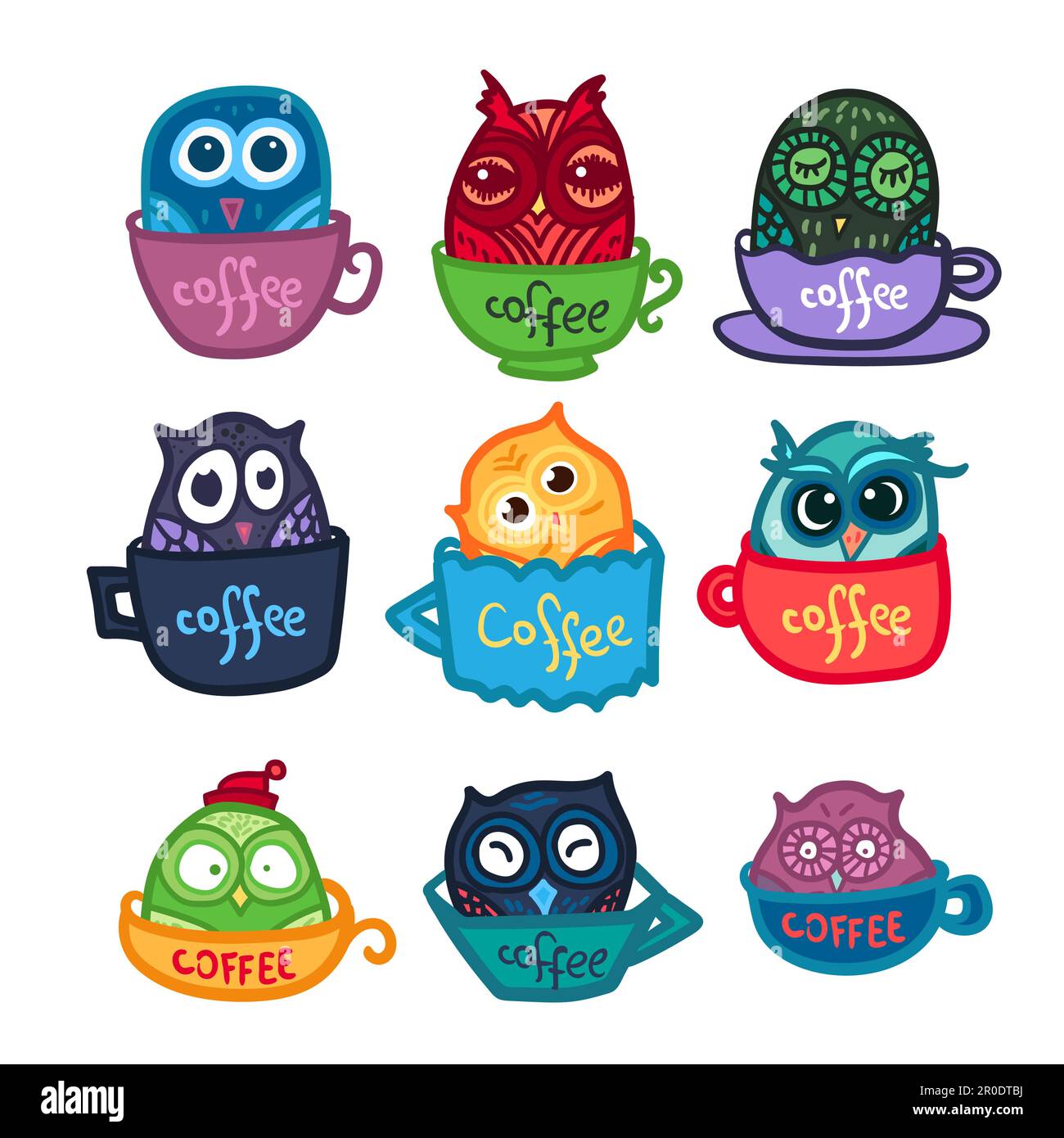 Hand Drawn Funny Owl with Cups of Coffee. Owls set for print, fabric ...