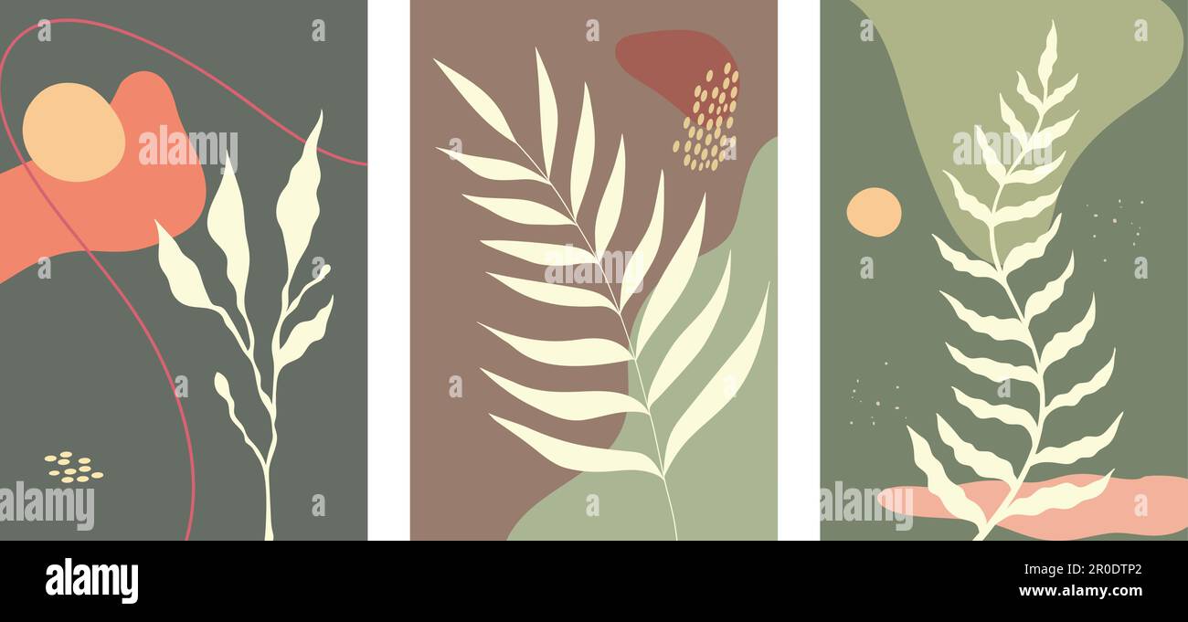 Set of abstract minimalist paintings with various shapes and botanical ...