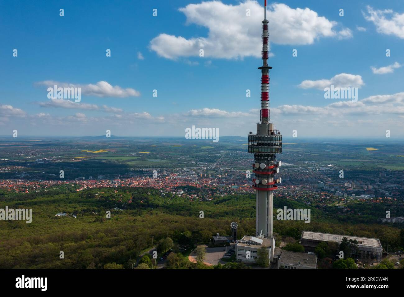 Aerial view about the iconic TV tower of Pecs. The 197 meter high ...