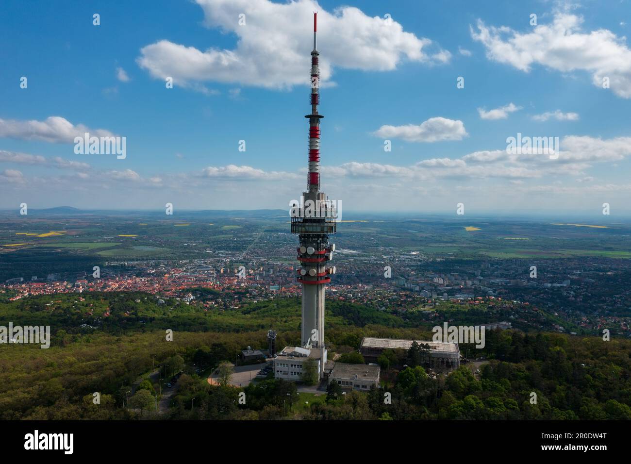 Aerial view about the iconic TV tower of Pecs. The 197 meter high ...