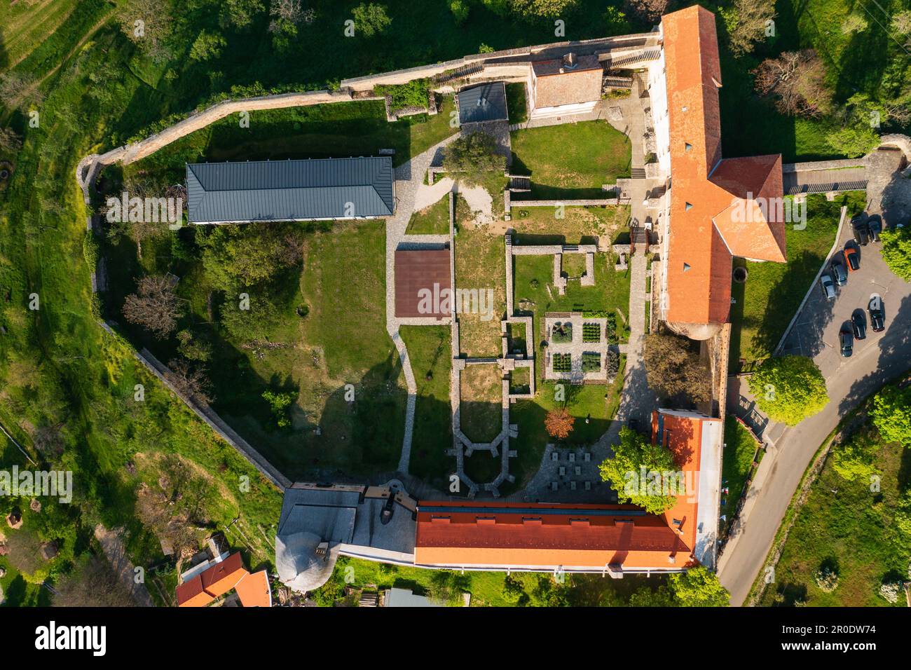 Aerial top down view about the castle of Pecsvarad. The building is a ...