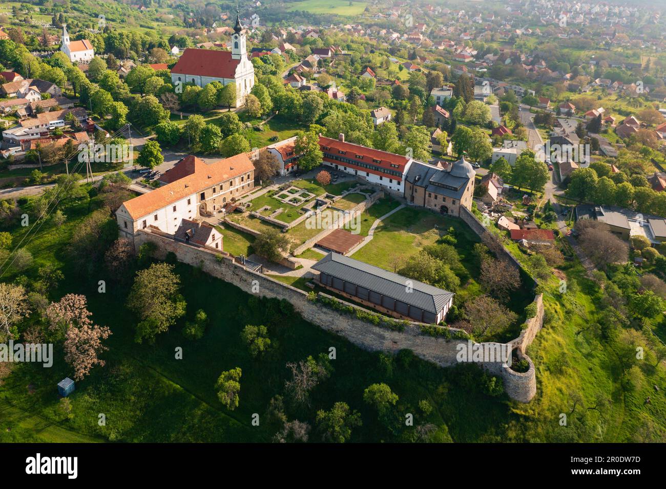 Aerial view about the castle of Pecsvarad. The building is a fortified ...