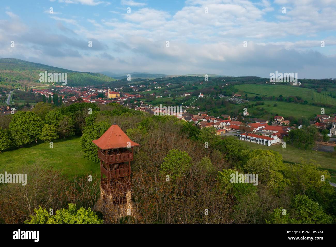Aerial view about Varhegy lookout tower which is located not far from ...
