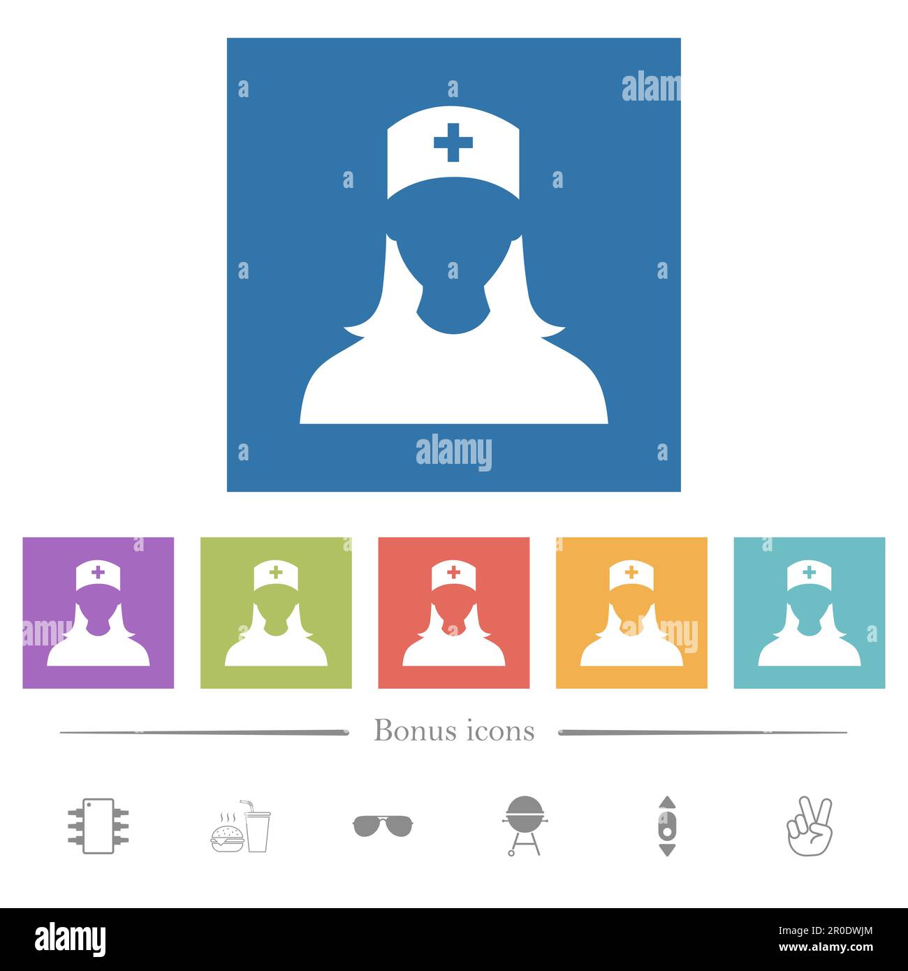 Nurse avatar flat white icons in square backgrounds. 6 bonus icons ...