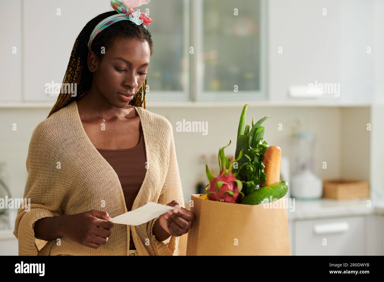 Young woman checking her shopping list after getting groceries ...