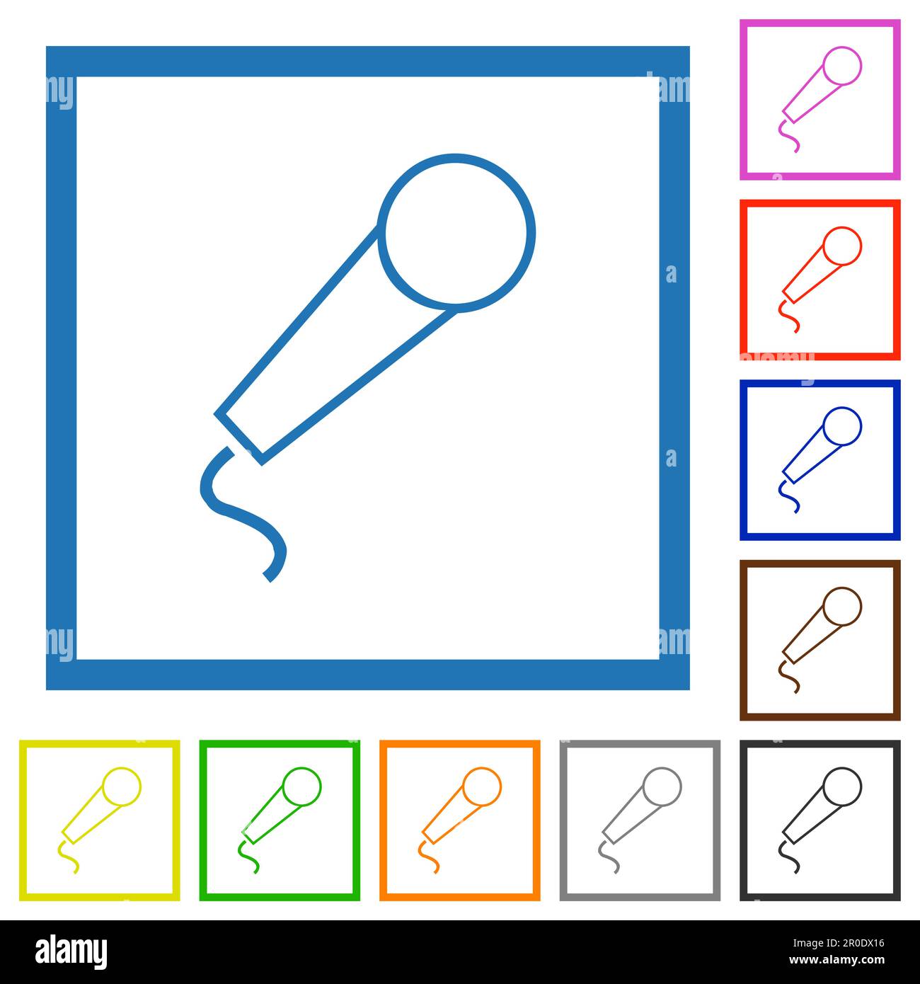 Microphone with wire outline flat color icons in square frames on white ...