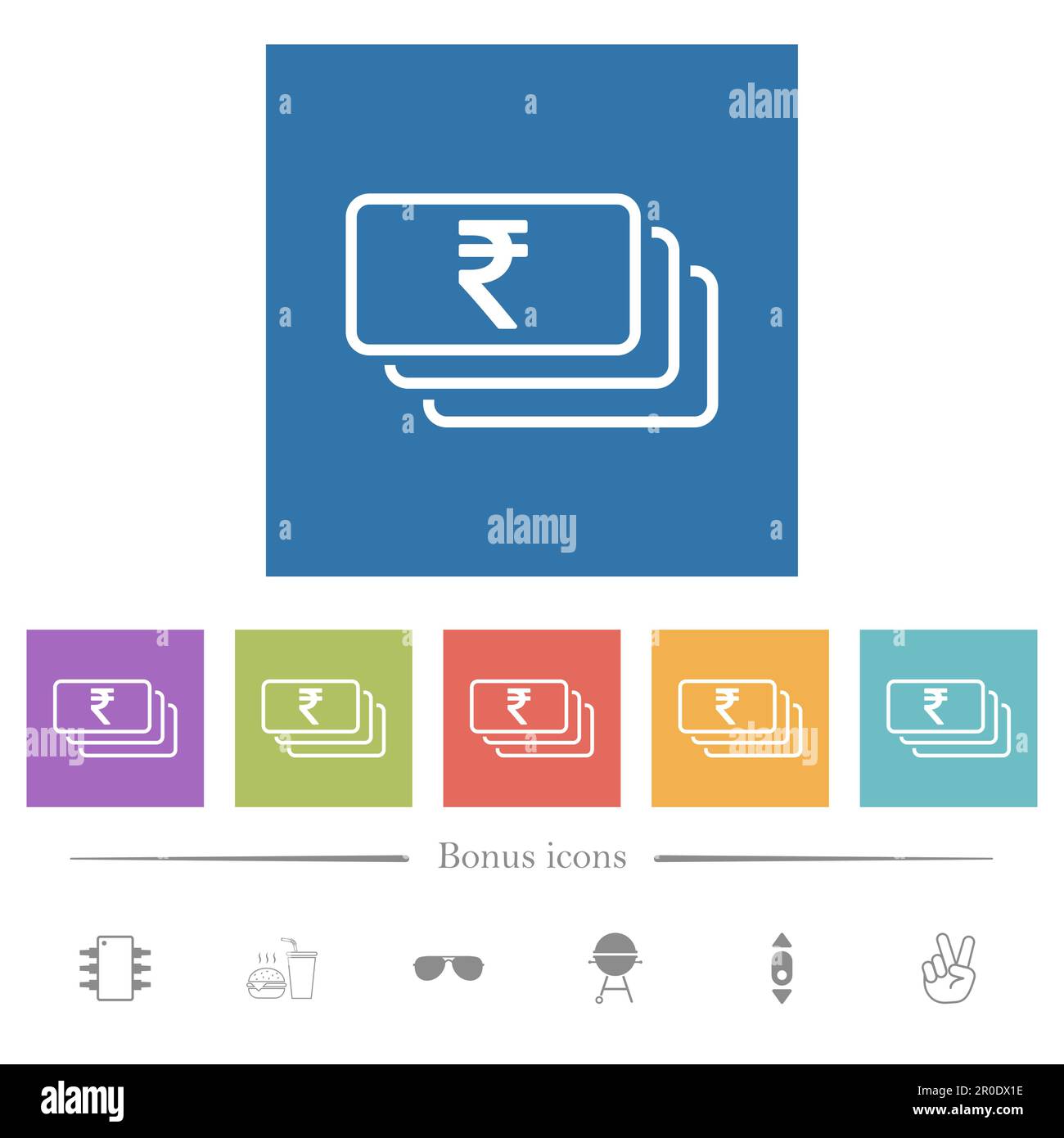 Indian Rupee banknotes outline flat white icons in square backgrounds ...