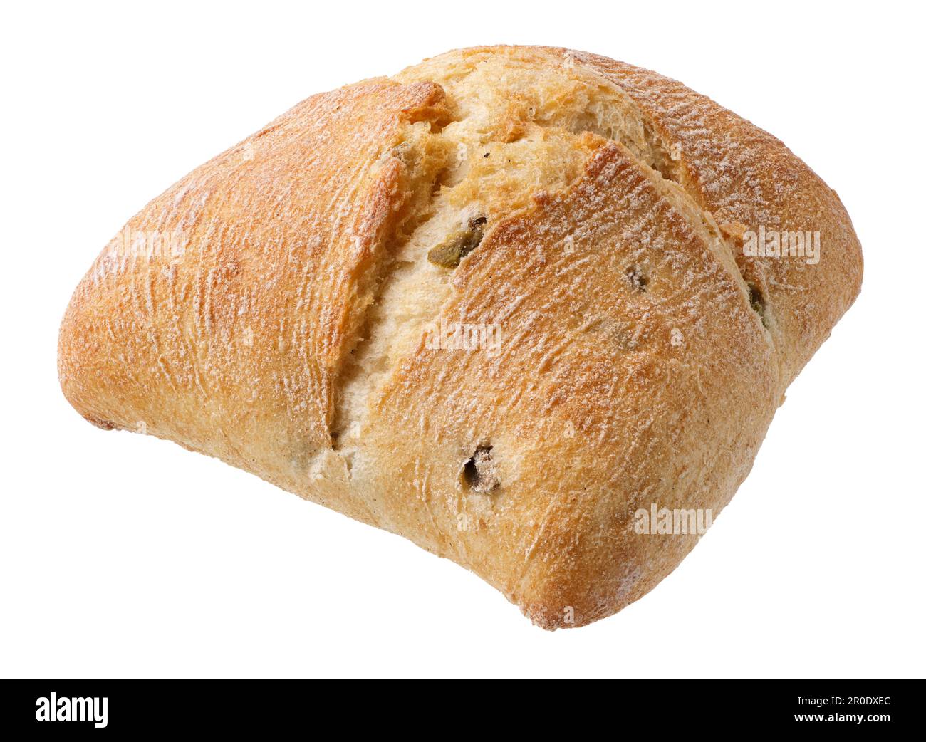 Traditional italian homemade wheat bread, ciabatta, with black olives ...