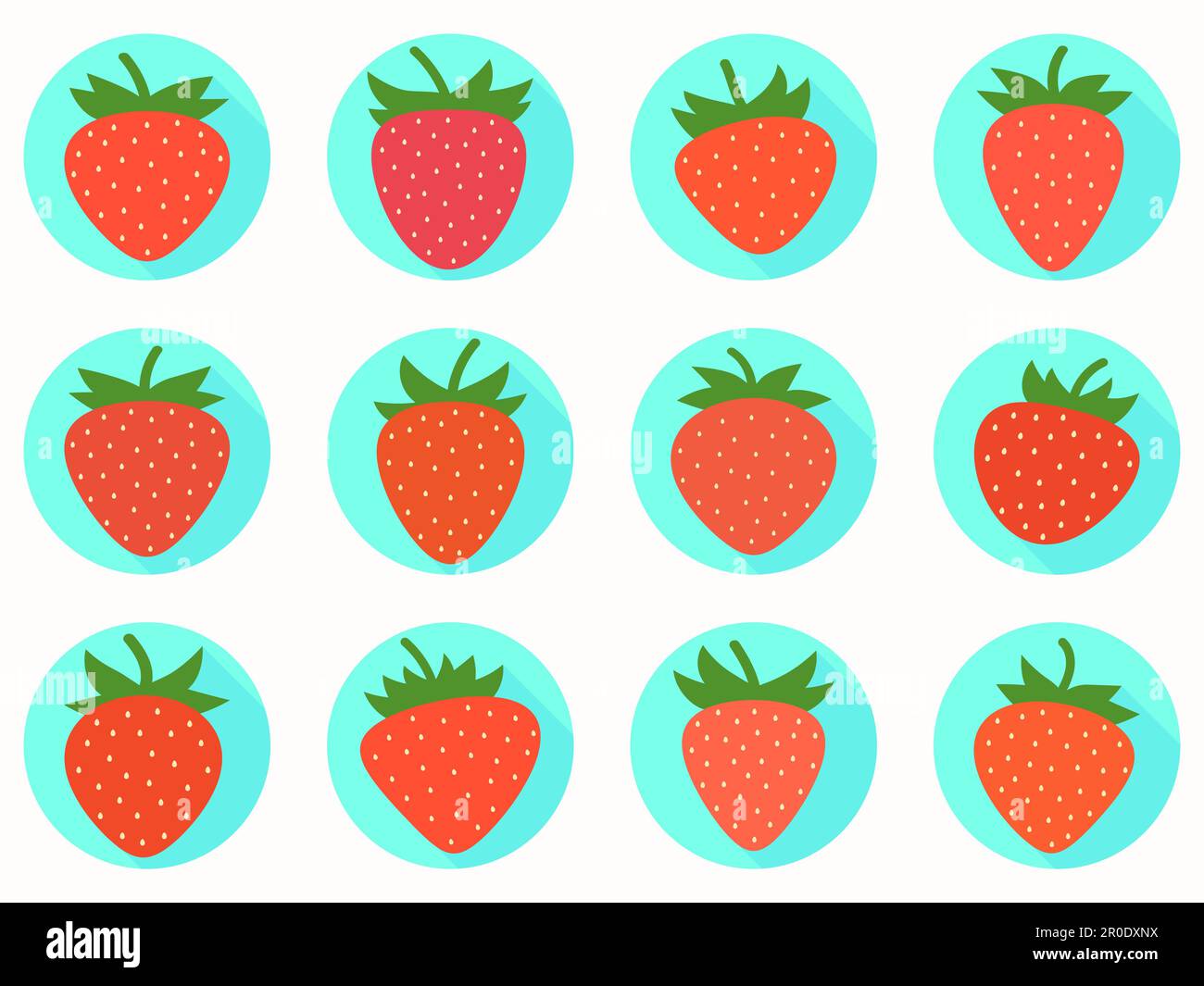 Strawberry icon set isolated on white background. Red strawberry with seeds in round icon. Sweet ...
