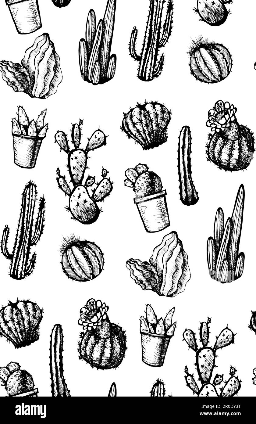 Hand Drawn Isolated Cactuses Seamless Pattern. Cactus Ornament in ...
