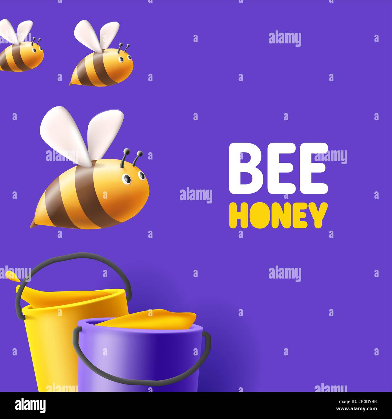 3d render illustration of bees stylized flying with buckets of honey ...