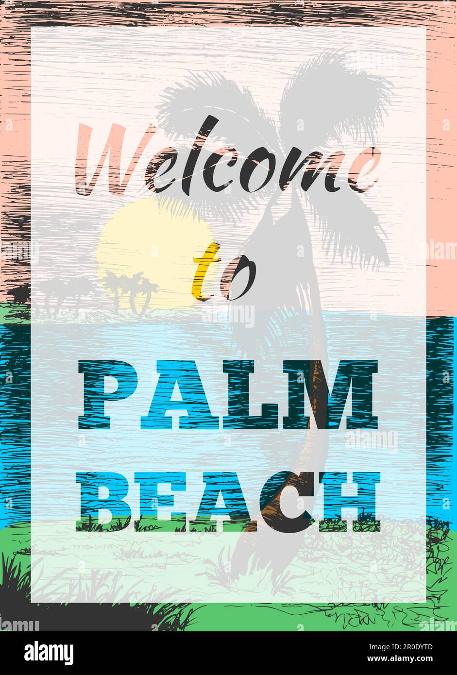 Vector tropical summer illustration with palm tree and islands. Welcome ...