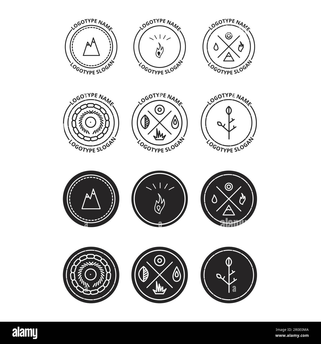 Nature and historical badges set with fire, mountain, plant, ecosystem ...