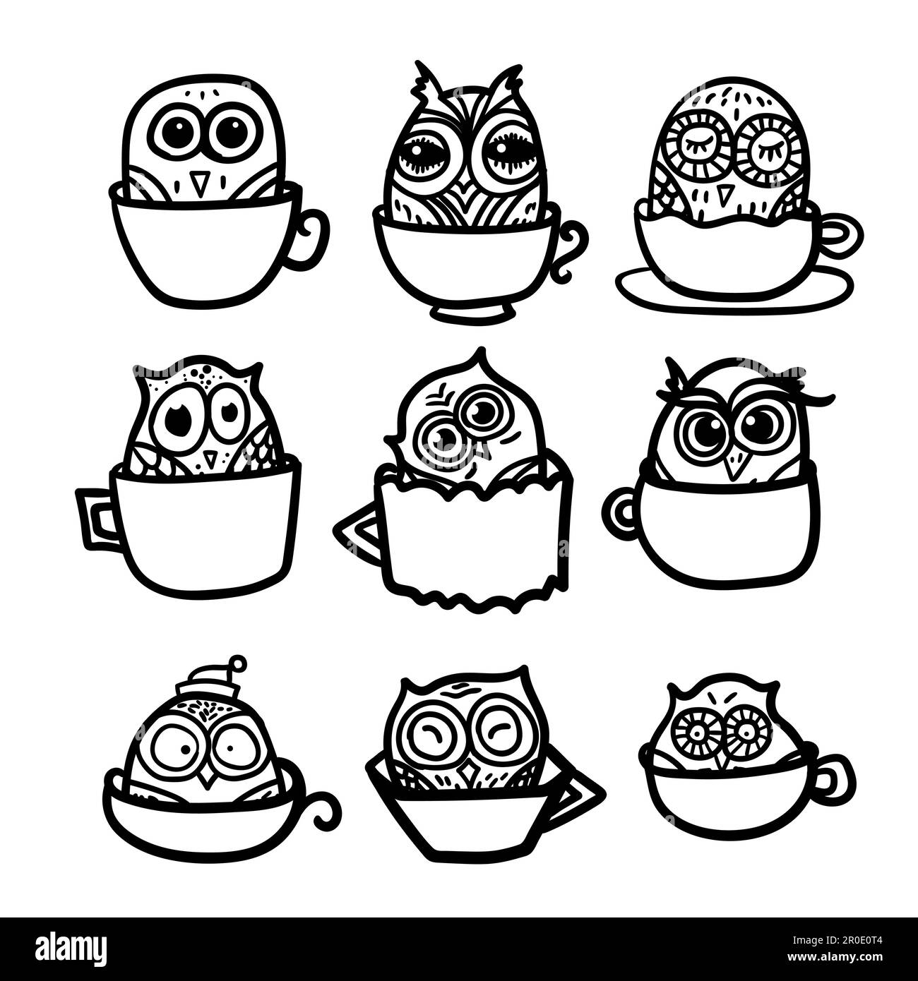 Hand Drawn Funny Owl with Cups of Coffee. Owls set for print, fabric ...